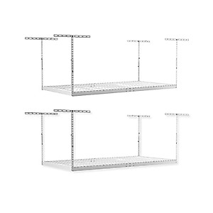 MonsterRax Overhead Garage Storage Rack- 4 x 8 Ceiling Rack for Garage Shelving, Organization, & Storage, Adjustable Hanging Storage for Bikes, Equipment & Accessories (White, 18"-33", 2-Pack).