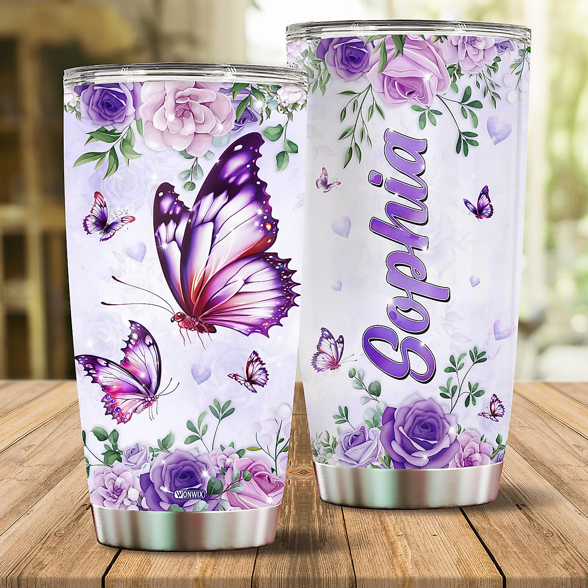 WONWIX Personalized Purple Butterfly Coffee Mugs For Girls Mom Women Adults Butterflies Lovers Water Bottle Travel Mug Mothers Day Birthday Christmas Valentine 20oz Stainless Steel Cup With Lid