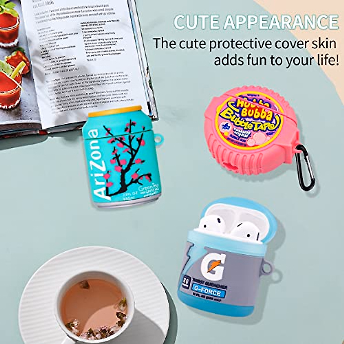 3-Pack Cute Airpods Case for Airpod 2/1, Kawaii 3D Cartoon Funny Airpods Cover Food Design Fashion Silicone Case for Airpods 1&2 Charging Case for Girls Boys Kids (Sport Water+Bubble Gum+Green Drinks)