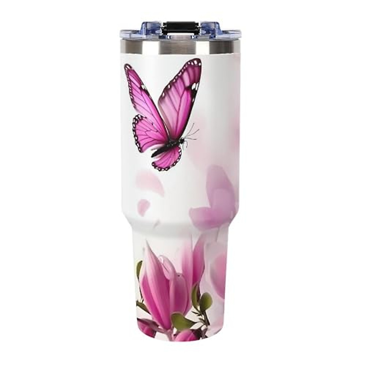 Magnolia Plant Flora Butterfly 40 Oz Stainless Steel Cup Travel Tumbler with Handle and Straw Lightweight Coffee Mug for Home Office