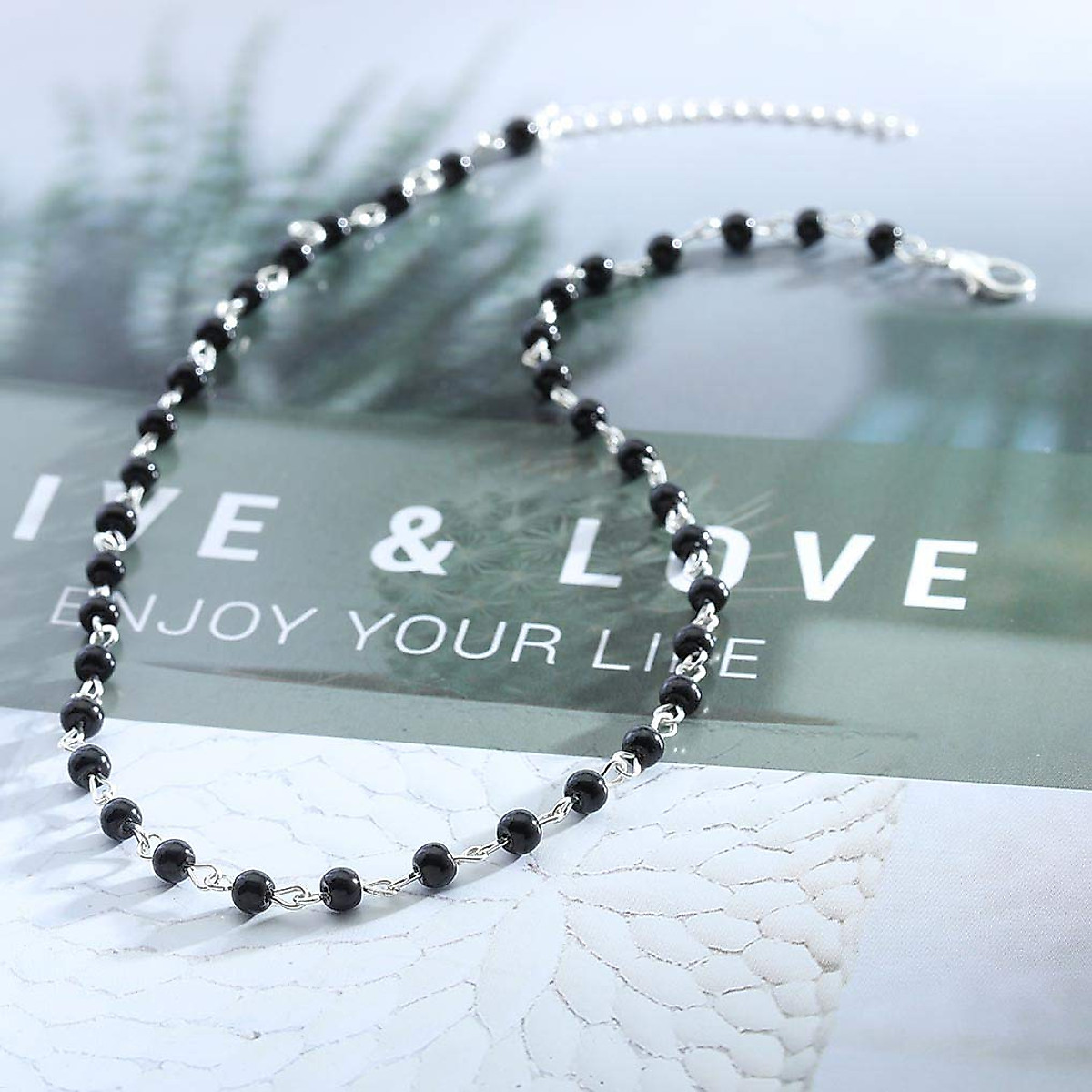 Yalice Beaded Choker Necklace Dainty Opal Birthstone Chokers Necklaces Jewelry for Women (Silver-Black-1)