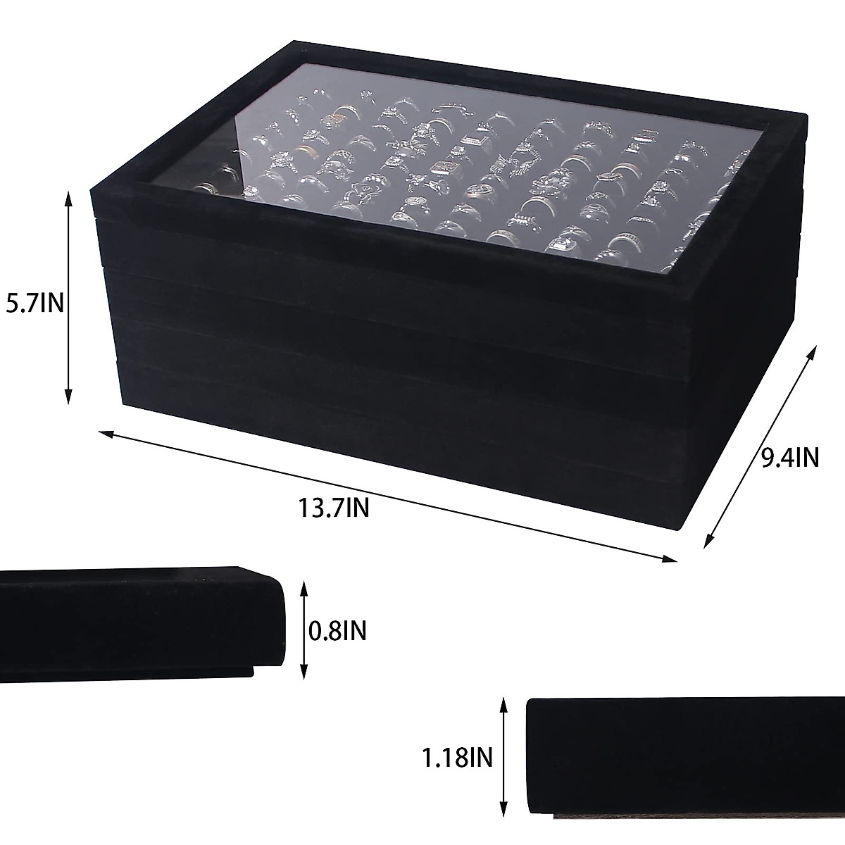 Pengup 5 Pcs/set Stackable Jewelry Organizer Trays,Rings Necklaces Earrings Bracelets Display Storage Trays Holder with Glass Lid (Black Velvet)