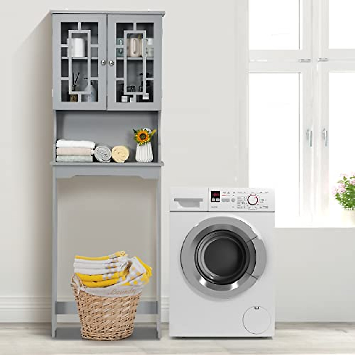 DORTALA Over The Toilet Spacesaver Storage Cabinet, Bathroom Organizer w/ 2 Glass Doors, Adjustable Inner Shelf, Open Bottom Free Standing Shelf Tower Anti-Tip Design, Rack, Gray Grey