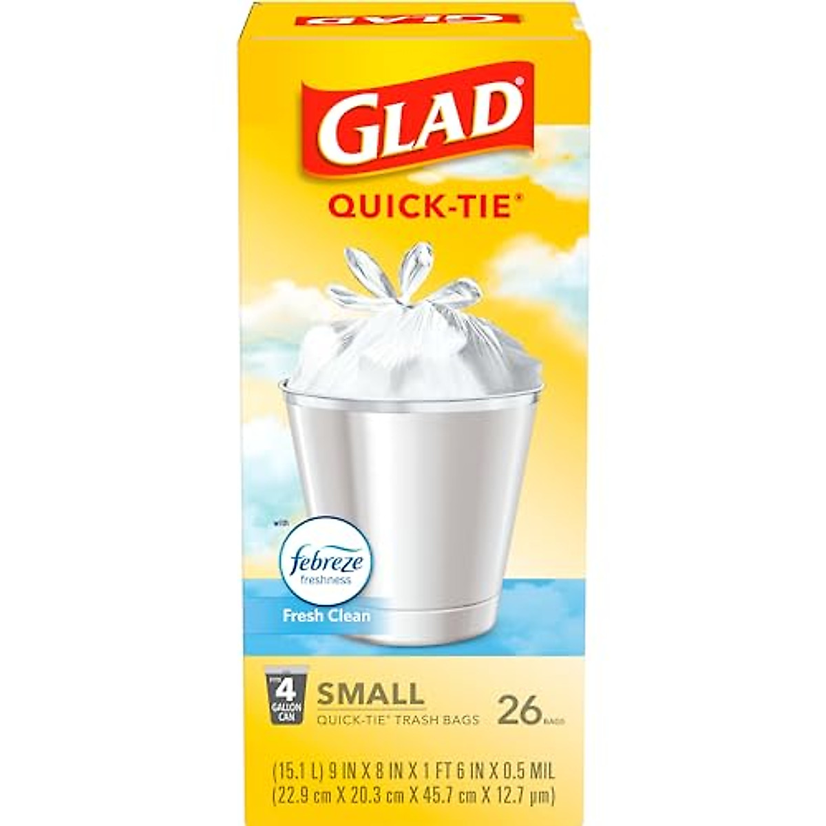 Glad OdorShield Small Trash Bags, Febreze Fresh Clean, 4 Gal, 26 Ct (Package May Vary)