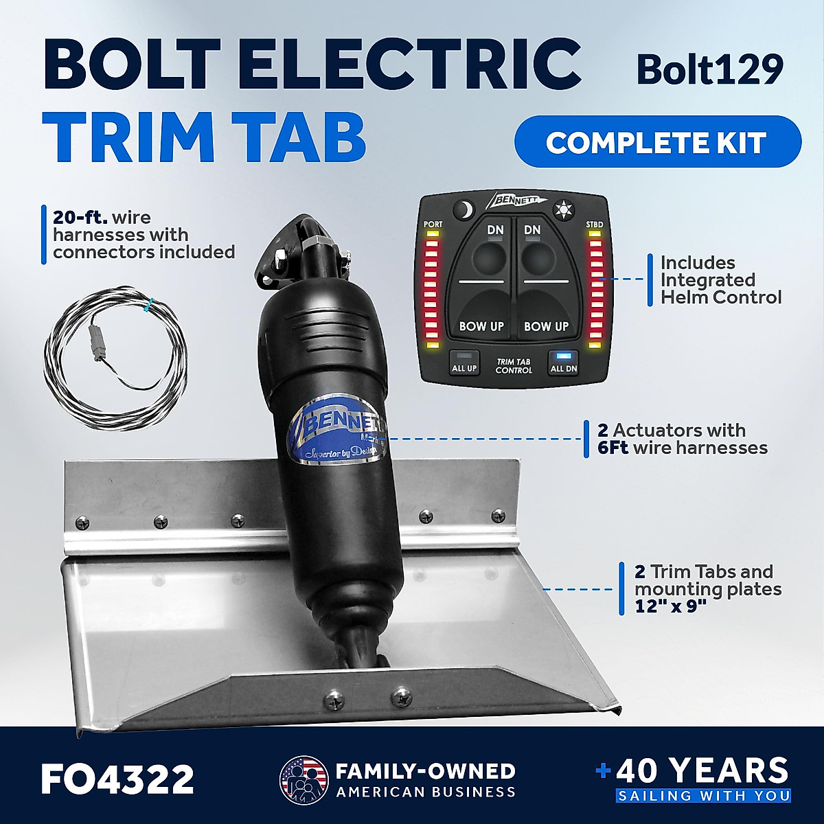 Bennett Bolt Electric Trim Tab System 12" x 9", Includes Integrated Helm Control, Actuators, Wires Harnesses and Mounting Hardware, Complete Kit BOLT129, 12V DC - FO4322