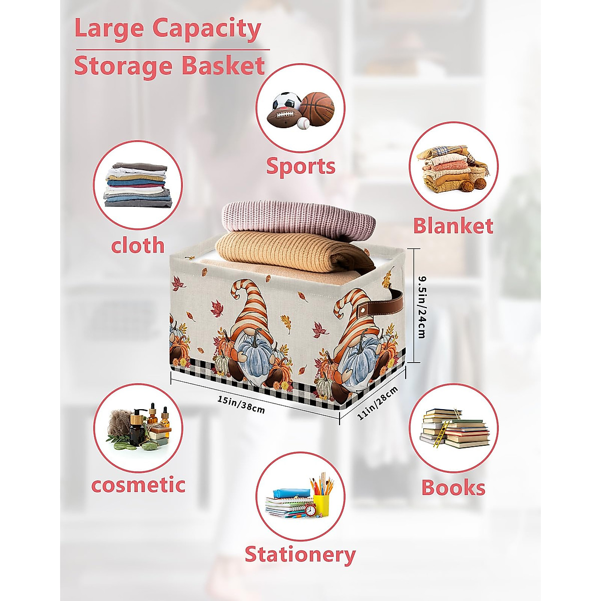 Storage Basket Fall Gnome Fall Bakets Foldable Storage Bins Collapsible with Handles Autumn Pumpkin Black Buffalo Plaid Laundry Baskets for Organizing Shelves Closet Toy Gifts Bedroom Home Decor