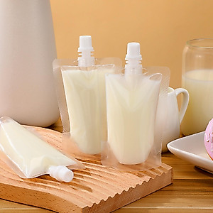 Angoily 50 Pcs Drink Bags 100ml Plastic Drink Pouches with Plastic Nozzle Clear Beverage Pouches with Nozzle Cap Leek Proof Beverage Juice Pouches for Travel Outdoor Sports Concerts Events