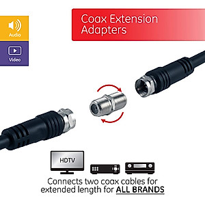 GE Coaxial Cable Extension Adapter Couplers, 2-Pack, Works on F-Type RG59 RG6 Coax Cables, Connects Two Coaxial Cables to Extend Length, Female-to-Female Connectors, 23203