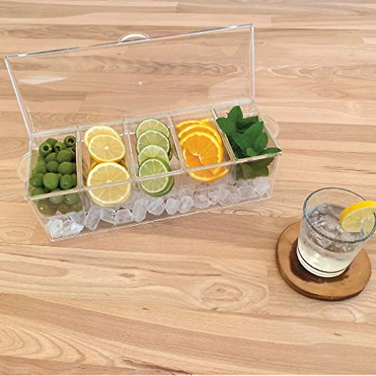 Evelots Ice Chilled Condiment Tray-5 Removable Compartments-Lid-2 Cup Containers