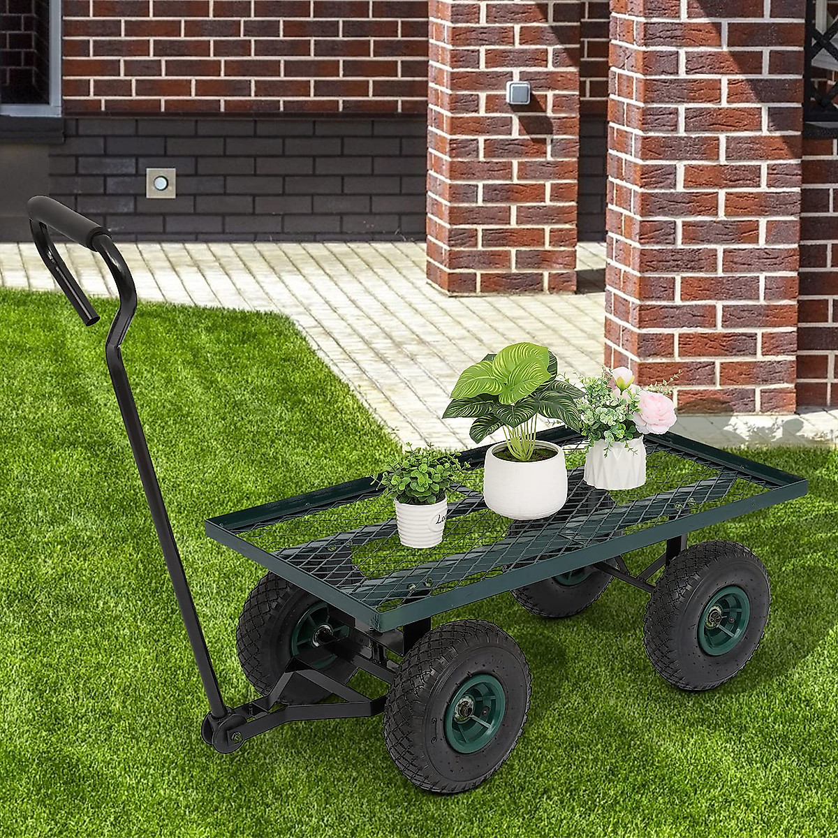 Outvita Metal Deck Garden Cart with 10” Air Tires, Heavy Duty Wagon Cart for Farm, Yard and Cargo (Green)