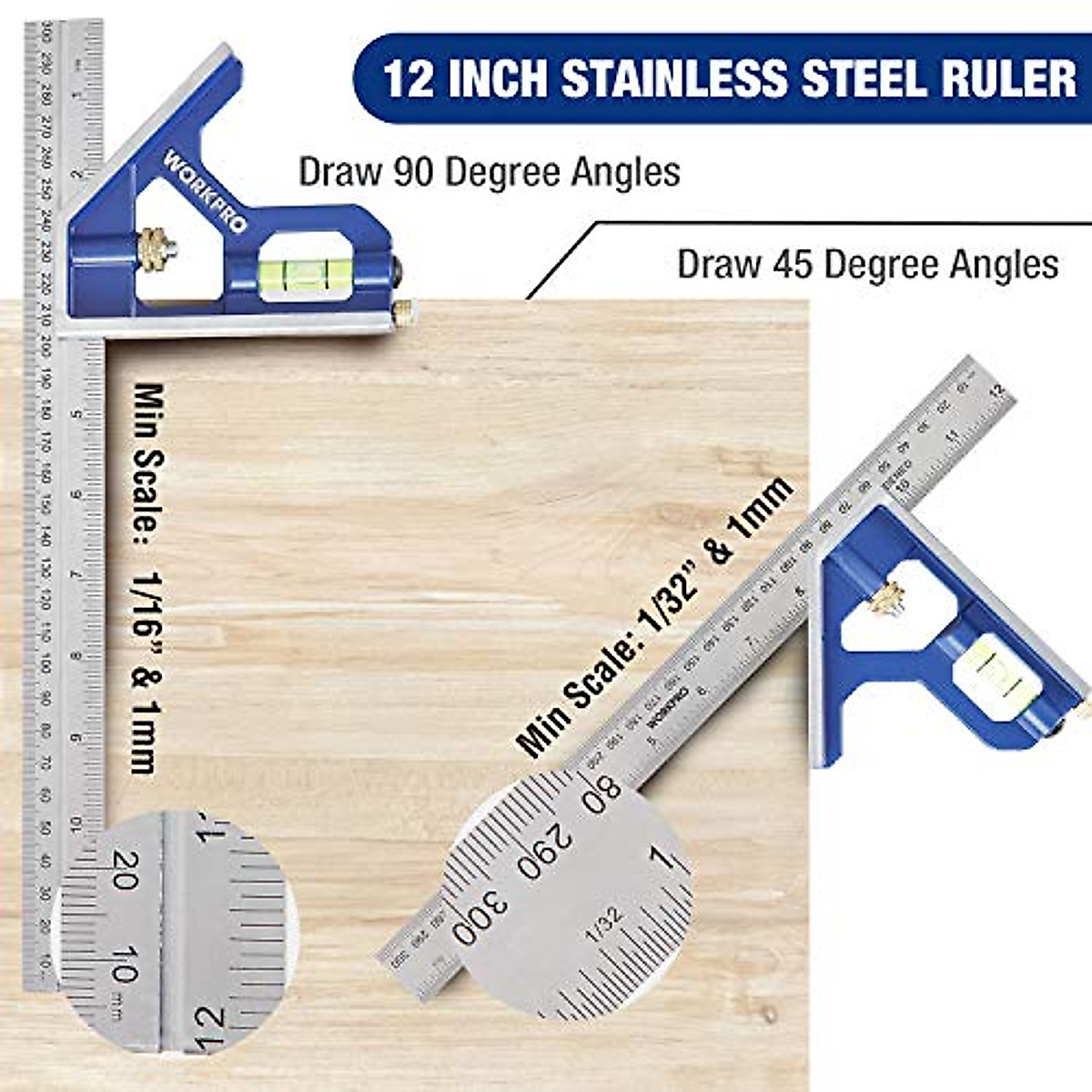 WORKPRO Aluminum Alloy Carpenter Square and Zinc-Alloy Square Ruler Set - 7 in. Rafter Layout Tool and 12 in. Combination Square Combo