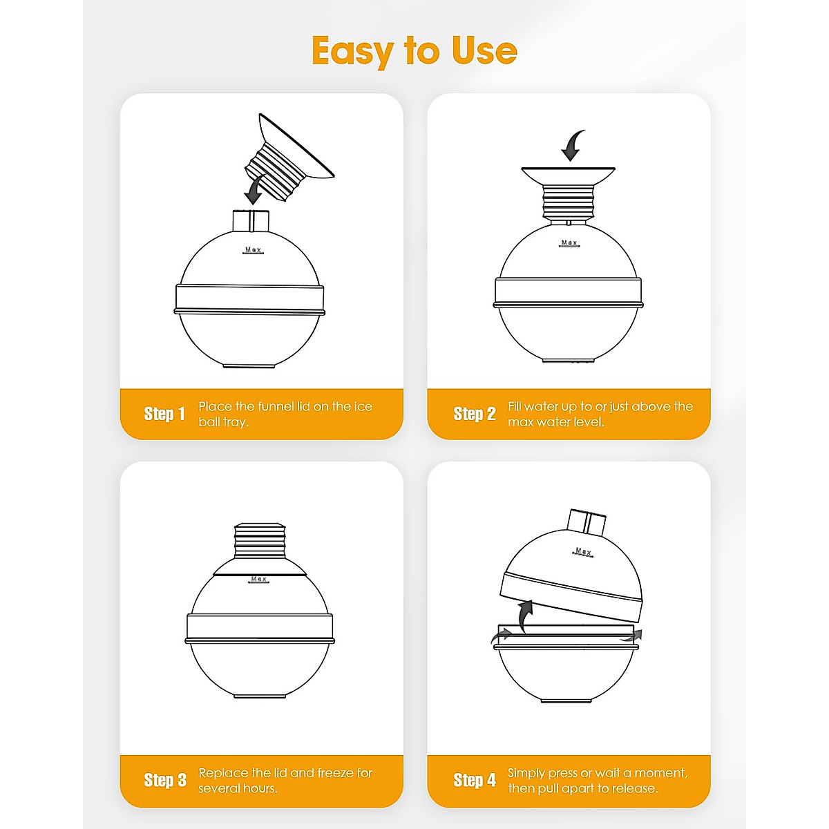 Large Round Ice Ball Maker Mold Silicone for Whiskey - Set of 4 with 2-in-1 Funnel Lid - 2.4 Inch Big Sphere Ice Mold for Cocktails Bourbon - Easy Release - Perfectly Round Ice Cube Tray