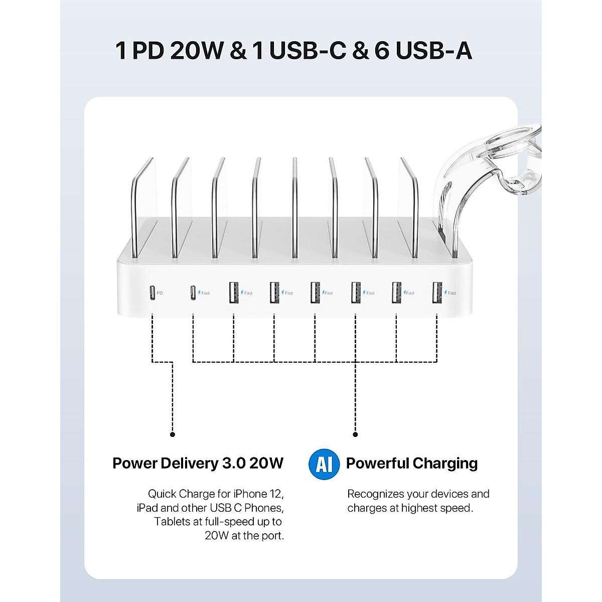 SooPii 8-Port USB-C Charging Station for Multiple Devices, with 1 PD 20W Port Supports Fast Charging, 8pcs Mixed Charging Cables and 1pcs Upgraded Holder for lWatch Charger & Air-Pods, White