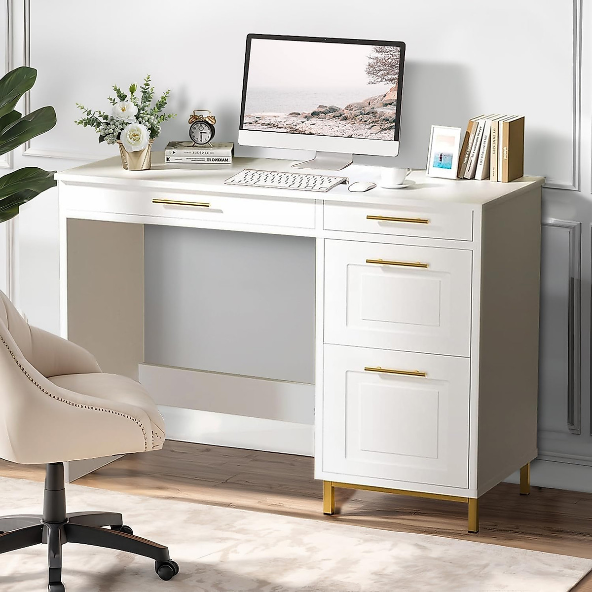 4 EVER WINNER White Desk with Drawers, 43” Home Office Small Desk with Drawers, Gold Hardware for Small Space, White and Gold Desk Writing Study Table for Bedroom