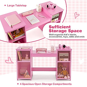 KOTEK Kids Vanity Table and Chair, 2 in 1 Wooden Princess Dressing Desk with Detachable Tri-Folding Mirror & Storage Shelves, Girls Pretend Play Beauty Makeup Vanity for Bedroom (Pink with Chair)
