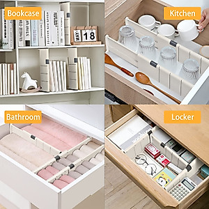 JONYJ Drawer Dividers Organizer 5 Pack, Adjustable Separators with 10 Inserts 4" High Expandable from 11-17" for Bedroom, Bathroom, Closet, Clothing, Office, Kitchen, Strong Secure Hold, Ivory