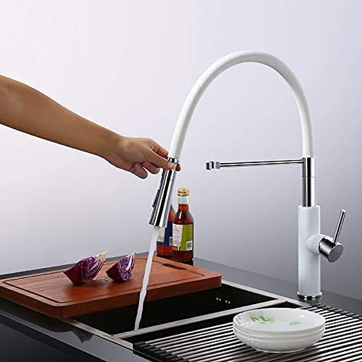 JinYuZe High-Arc Kitchen Sink Faucet Pot Filler 360 Degree Dual Function Single Handle Sleek Pull-Down Kitchen Faucet, White Chrome Finish