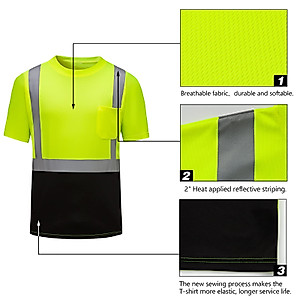 DPSAFETY High Visibility Shirts Quick Dry Safety T Shirts with Reflective Strips and Pocket Short Sleeve Mesh Hi Vis Construction Work Class 2 Shirt for Men/Women Black Bottom Lime,Medium