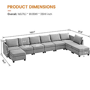 GAOMON 163'' Sectional Sofa with Storage Seats,9 Seat Convertible U Shaped Sofa with Large Reversible Chaise, Linen Fabric Modular Sofa Sectional Couches with Ottomans for Living Room,Grey