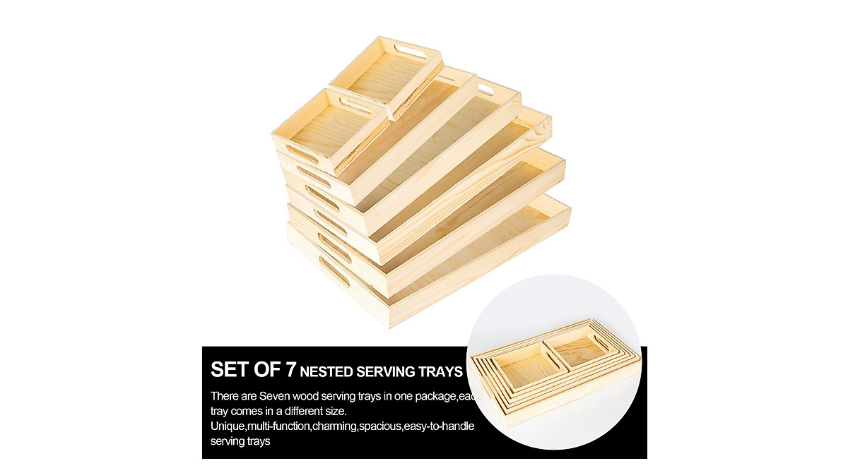 7PCS Wooden Nested Serving Trays Set - Versatile & Unfinished Pine