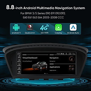 for BMW 3 5 Series E60 E61 E63 E64 E90 E91 E92 E93 2005-2008 Upgrade Radio Car Stereo Qualcomm 665 Otca Cores Built-in 4G LTE GPS Navigation Wireless Apple CarPlay Android Auto 8.8 inch Touchscreen