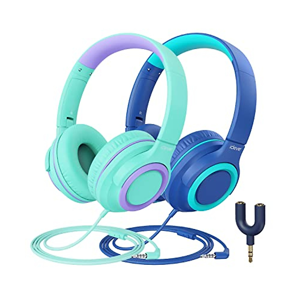 iClever 2 Pack Kids Headphones with Microphone - 94dB Safe Volume Limited - HS22 Wired Headphones for Kids Teens with Sharing Splitter, Tangle-Free Foldable Stereo Headset for School/Tablet/Travel