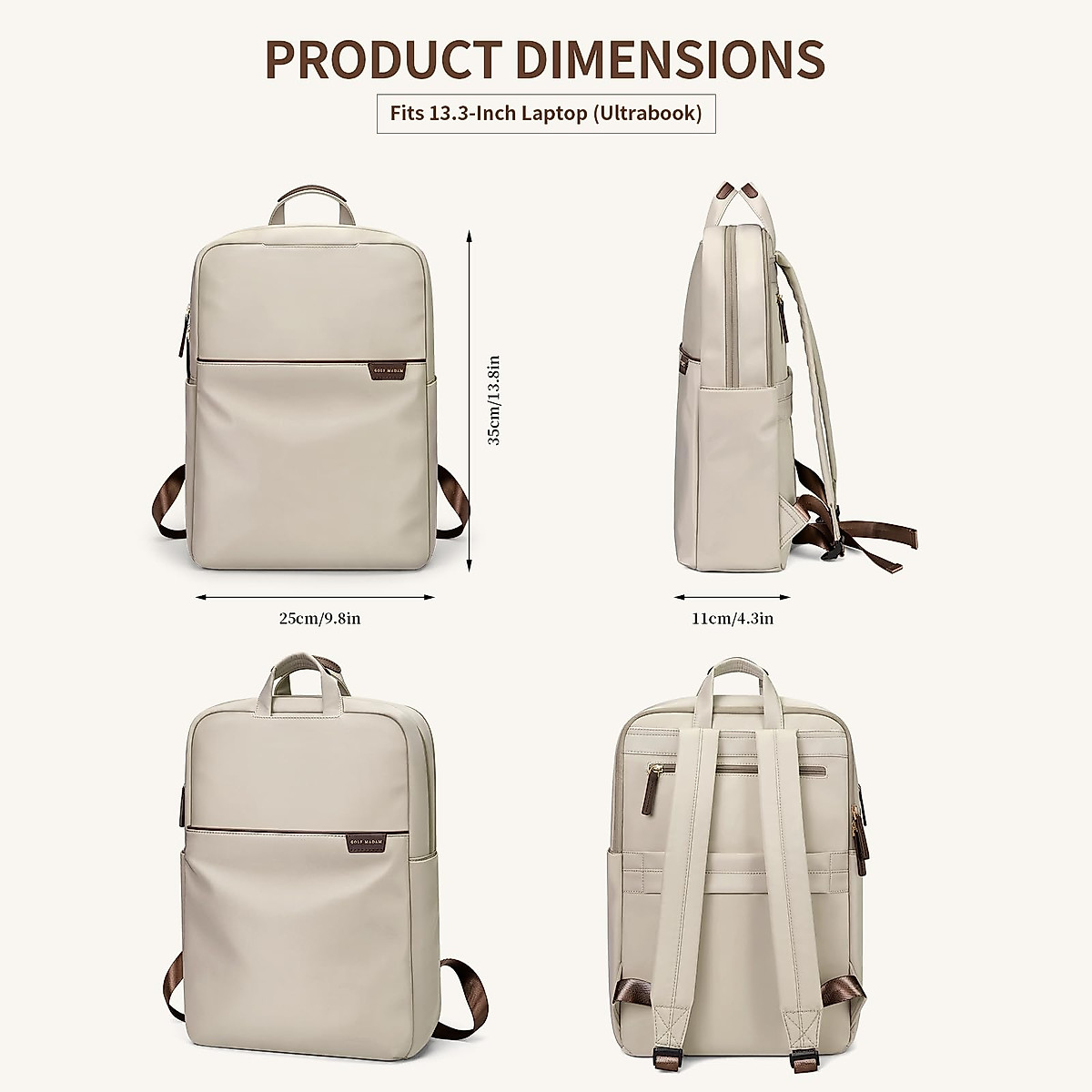 GOLF SUPAGS Travel Laptop Backpack for Women Anti Theft Slim Durable College Bookbag Business Computer Bag Fit 13.3 Inch Notebook (Apricot, 13.3 Inch)