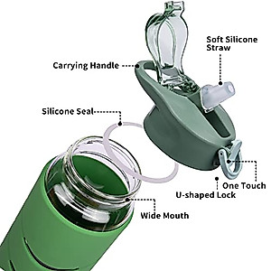 Justfwater 32 oz Borosilicate Glass Water Bottle with Straw Reusable Glass Drinking Bottle with Flip Top Lid and Silicone Sleeve (Green)