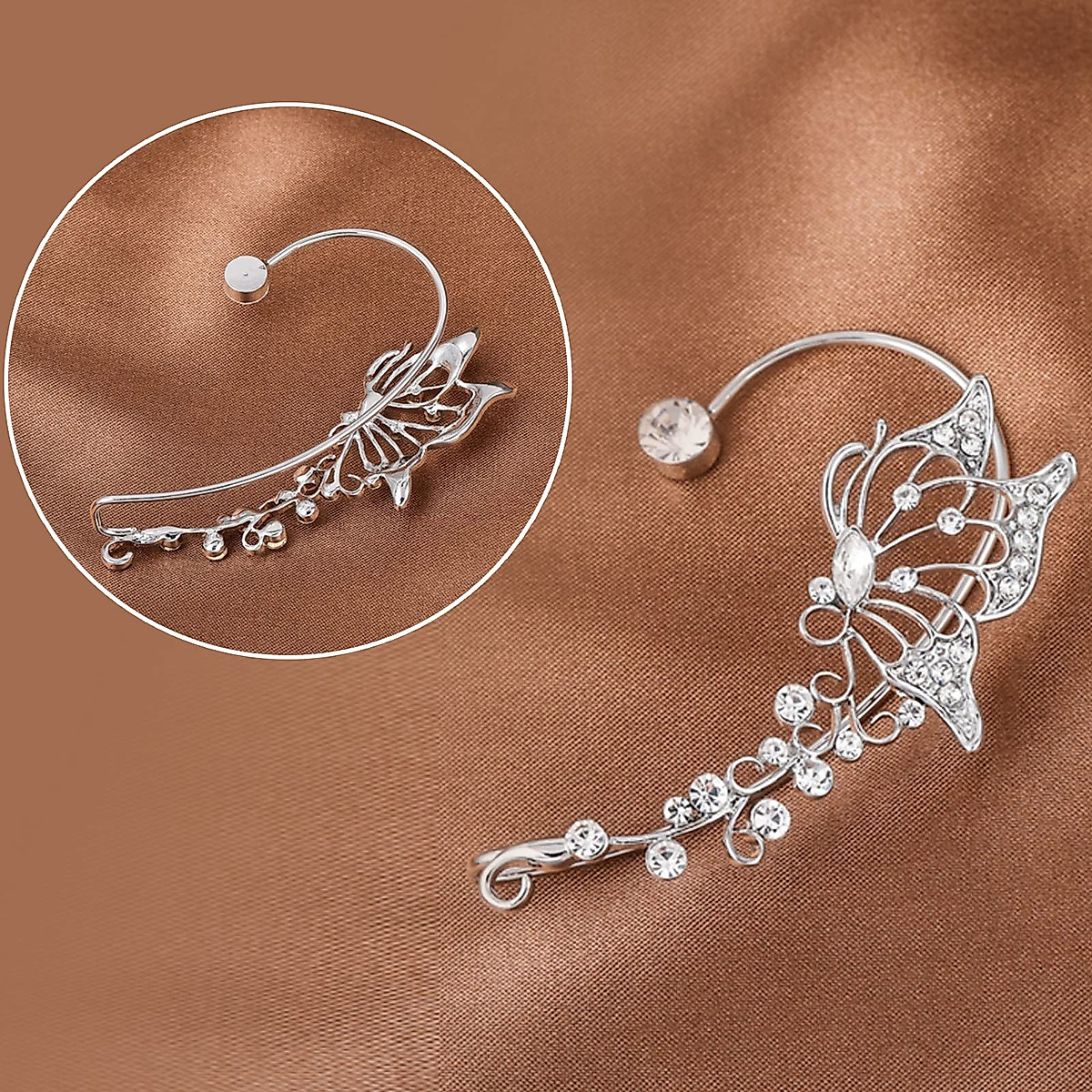 2 Pcs Butterfly Ear Cuff Earrings for Women Non Piercing Rhinestone Goth Fairy Elf Ear Cuff Butterfly Ear Wrap Earrings for Bridal Wedding Prom For Teen(Silver)