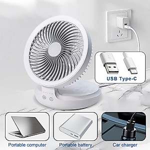 EDON Table Fan, Rechargeable Battery Operated Desk Fan with Auto Oscillation 90 Foldable Ultra Quiet 4 Speeds Light, Portable Air Circulator Fan with Hook, Wall Fan for Bedroom Home Desktop