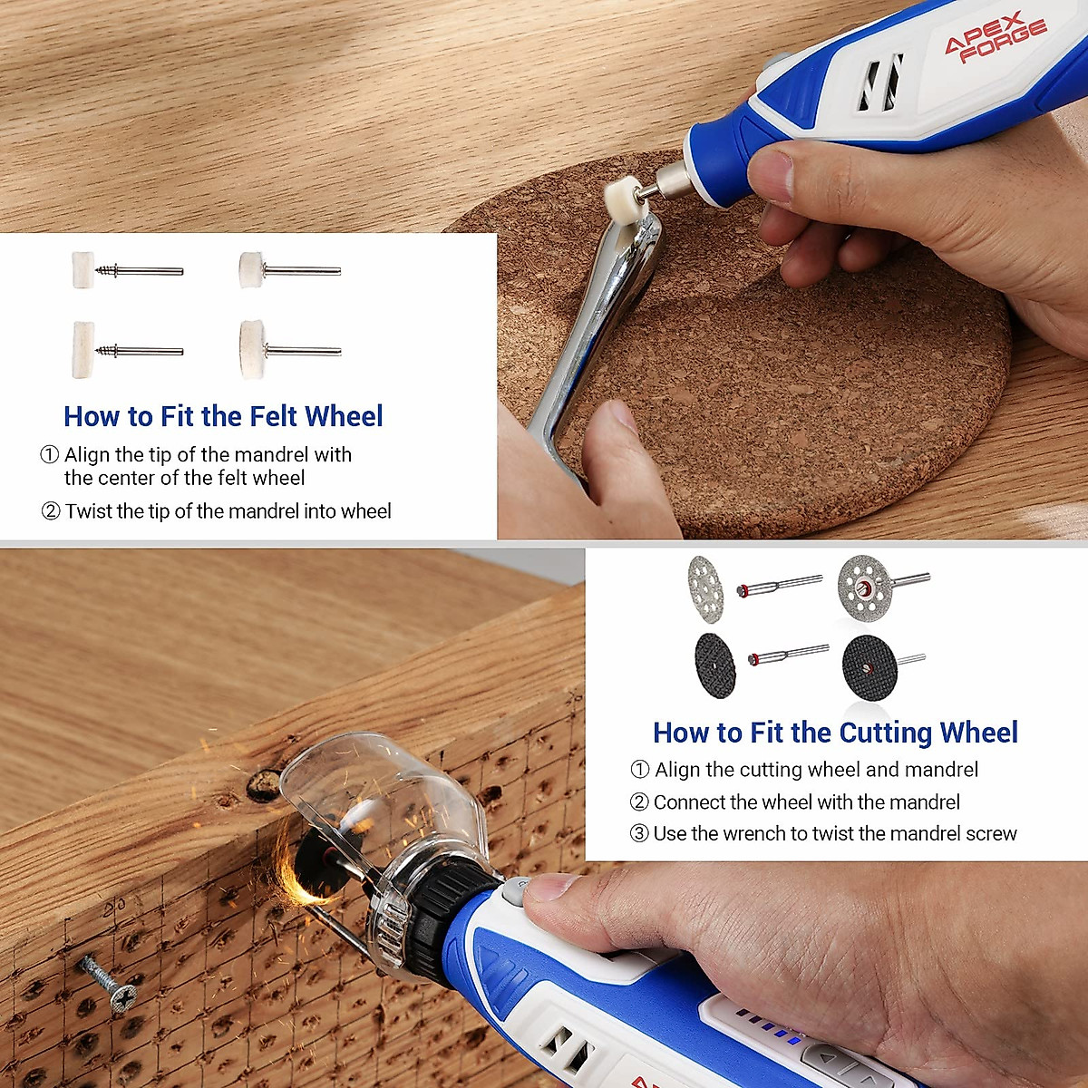 APEXFORGE M4 Cordless Rotary Tool, 4V 2.0Ah Rechargeable Battery, Keyless Chuck, 5-Speeds 25000 RPM, USB-C Charging, 91 Pcs Accessories, Protective Shield, Ideal for Sanding/Carving/Grinding and More