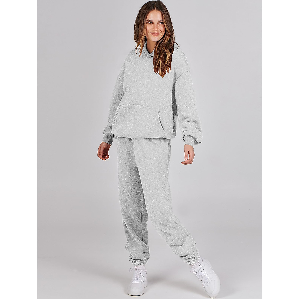 ANRABESS Womens 2 Piece Outfits Lounge Hoodie Oversized Sweatshirt Jogger Sweatpants Y2K Tracksuit Sweatsuit Set Fall Clothes Light Grey Small