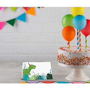 Table Place Card, Dinosaur Themed Tent Style Cards, Pack of 25 Half-Fold Reception Place Card, Green Blue Dino Food Labels, Perfect for Baby Shower, Dinosaur Birthday Party C06