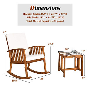 Tangkula Acacia Wood Patio Bistro Set, Outdoor Rocking Chair with Table, Porch Rocker with Thick Cushion of Detachable Cover, Porch Rocking Chair Table Set for Outdoor Indoor Patio Backyard, Teak