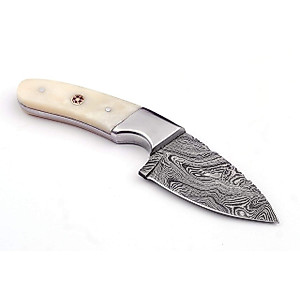 GladiatorsGuild DH76 Custom Made Full Tang Skinner Fixed Blade Small 8" Skinning Knife with Sheath Damascus Steel Pattern Welded DH76 (White)
