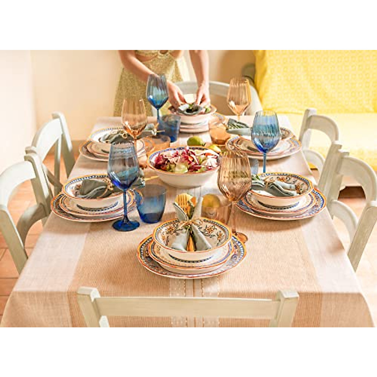 Euro Ceramica Duomo 16 Piece Stoneware Dinnerware Set, Service for 4 – Thanksgiving-Fall-Summer Dishes - Floral Design, Multicolor