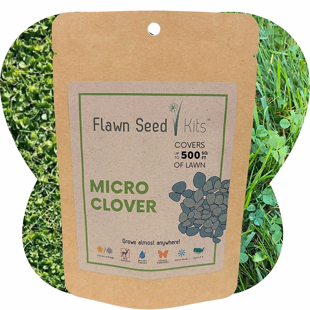 Flawn Seed Organic Coated Micro Clover Seed, Specialty Coated, Eco-Friendly, Low Mowing, Low Maintenance, Easy Open Compostable Pouch, Easy Spread Up to 500 SqFt
