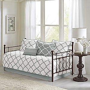 Madison Park Essentials Merritt Reversible Daybed Cover-Fretwork Print, Diamond Quilting All Season Cozy Bedding with Bedskirt, Matching Shams, Decorative Pillow, 75"x39", Grey 6 Piece