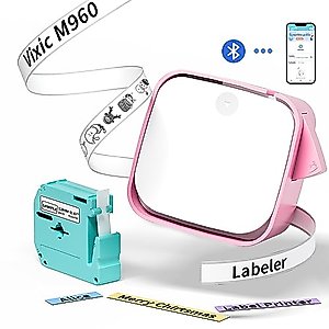 Vixic Label Maker Machine with Tape, M960 Mini Bluetooth Label Printer Inkless Label Sticker Makers Portable Handheld Labeler with Multi-Templates Font&Icon, Rechargeable for Office Home Organizing