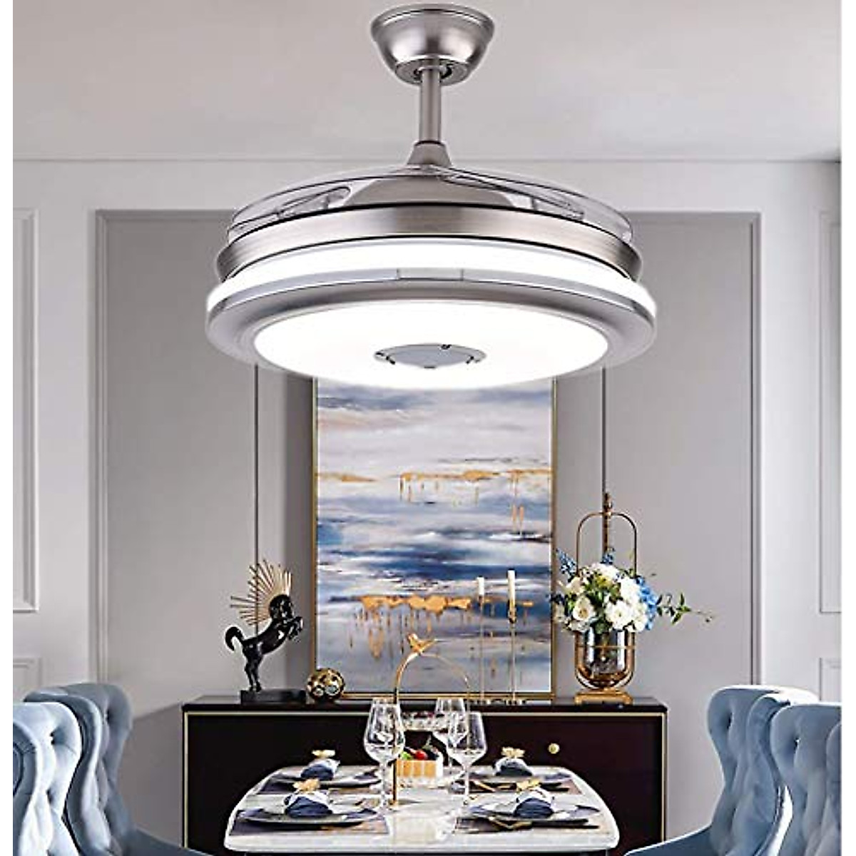 Fandian 42'' Modern Smart Ceiling Fans with Light,Bluetooth Speaker Music Player Chandelier, 3 Colors 3 Speeds Retractable Blades with Remote Control, Silent Motor with LED Kits (42in-Silver1)