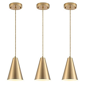 Gold Pendant Lights Kitchen Island,Dining Room Light Fixtures Over Table 3 Pack with Brushed Brass Cone Metal Shade, Modern Farmhouse Mini Chandeliers,Adjustable Cord Hanging Lighting for Bar,Sink