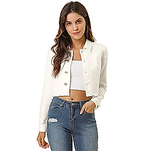 Allegra K Women's Jean Jacket Frayed Button Up Washed Cropped Denim Jacket Medium White