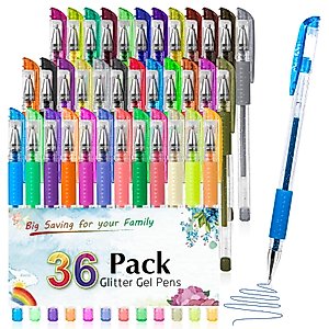 Aen Art Glitter Gel Pens for Adult Coloring Books, 36 Colors Gel Marker Set Colored Pen with 40% More Ink for Kids Drawing, Doodling, Crafts and Taking Note