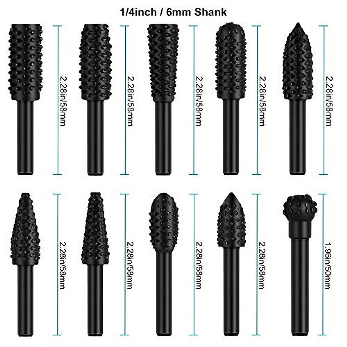 EEEkit 10PCS Wood Carving File Rasp Drill Bit, 1/4" 6mm Rotary Rasp Drill Bit Set, DIY Woodworking Rotating Embossed Chisel Shaped Shank Tool Burr Power Tools for Engraving Polishing Grinding