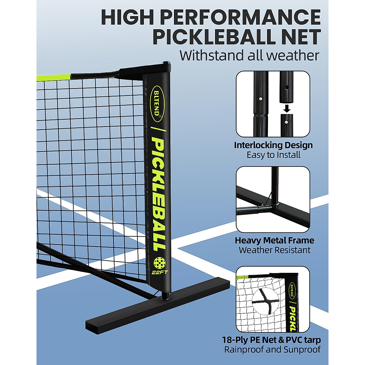 Bltend Pickleball Set - 22FT Regulation Size Portable Net, 4 Pickle Balls, Court Marker, Carry Bag and Tape Measure - Indoor Outdoor Driveway Gifts