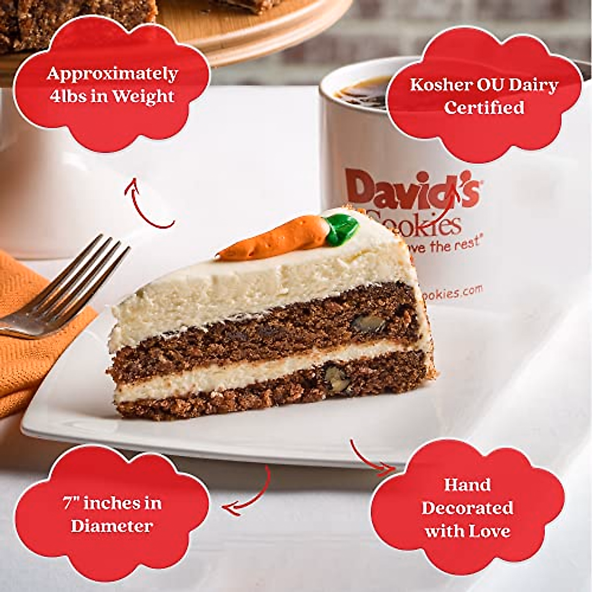 David's Cookies Layered Carrot Cake 10" - Pre-sliced 14 pcs. Fresh Gourmet Bakery Dessert With Rich Cream Cheese Frosting, Easter Food Gift Idea for Women, Men, Kids - Easter Snacks Cake for Delivery