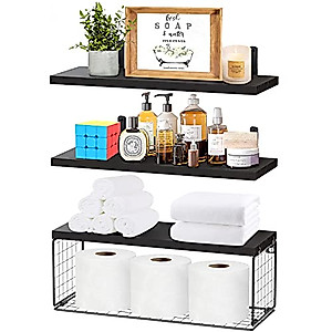 Szkiuqe 2-in-1 Floating Shelves, Bathroom Shelves with Storage Basket, Wall Mounted Rustic Wood Shelves, Farmhouse Wall Decor for Bedroom, Kitchen, Living Room and Plants - Black