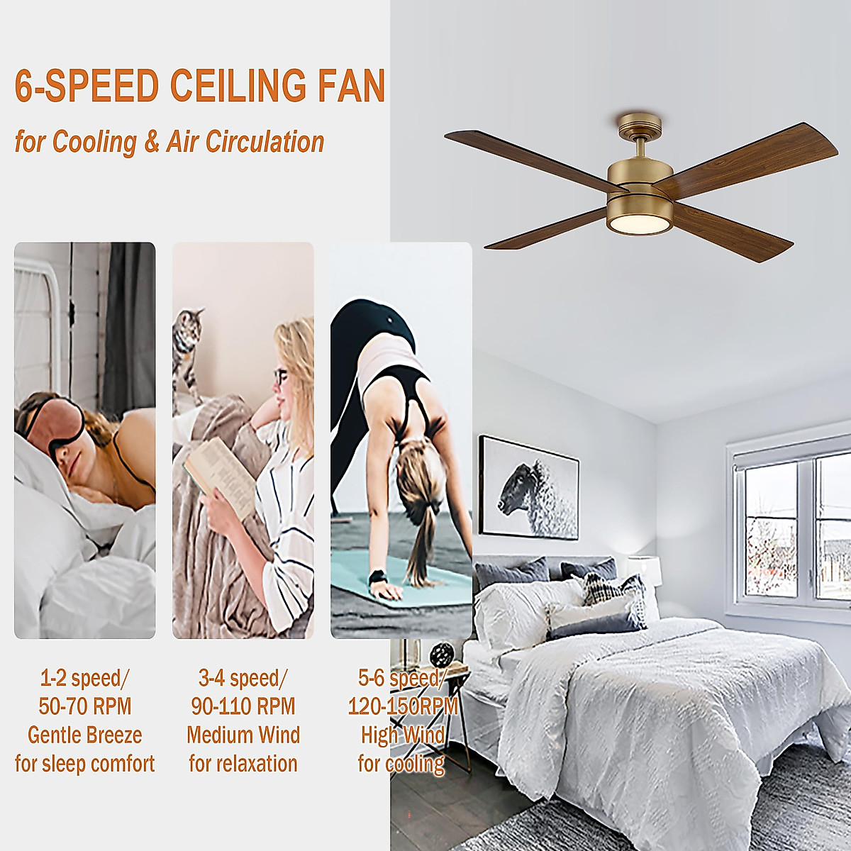 Ceiling Fans with Lights and Remote, 52 Inch Gold Ceiling Fan for Bedroom Living Room, Farmhouse Chandelier Outdoor Ceiling Fan with Light, Reversible 4 Blades, Ventilador de Techo con Luz