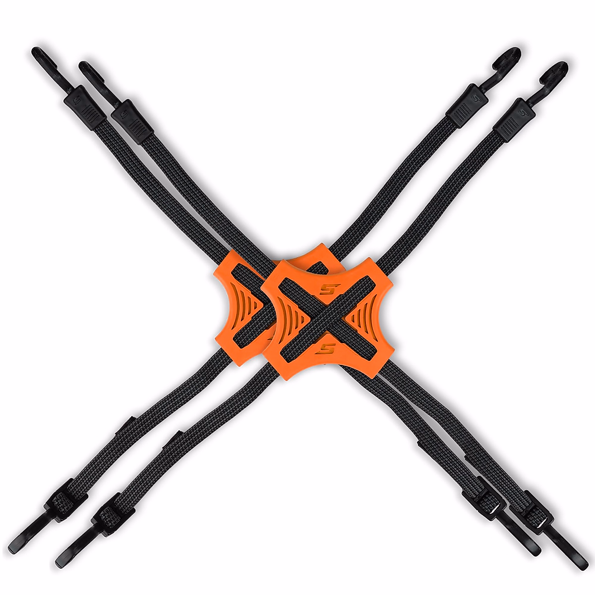 STAPLL Tack Strap – 4-Way Flat Bungee Cord with Rubber Pad Grip, Non-Slip Tie Down Straps for Motorcycle, ATV, Kayak, Cycling, Camping, Truck Storage, Adjustable Bungee Cords - 2 Pack (Orange)