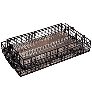 MyGift Black Metal Large Serving Tray, Wire Basket Style Nesting Ottoman Trays with Burnt Wood Base and Handles, Set of 2